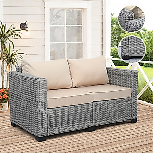 Rattaner Outdoor Furniture Loveseat Sofa Balcony Furniture Outdoor Loveseat 2 Seater Couch Small Sofa with Anti-Slip Outdoor Cushion Lumbar Pillow and Furniture Cover, Navy Blue