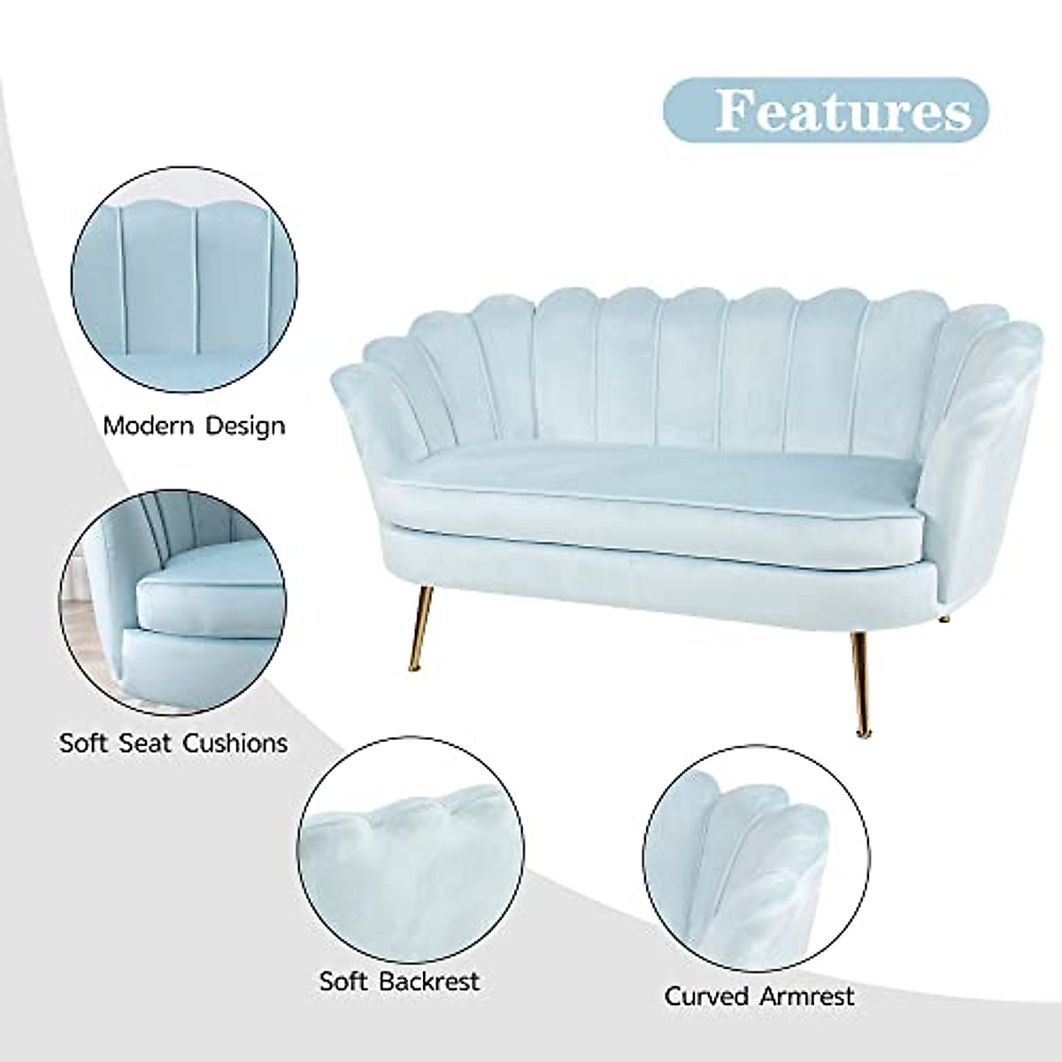 QHITTY Velvet Loveseat, 58'' Velvet Sofa Accent Couch Settee Upholstered Chair, 2 Seater Small Loveseat for Small Spaces, Living Room (Light Blue)