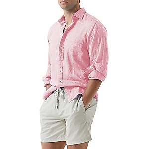JMIERR Mens Cotton Linen Casual Stylish Button-Down Shirt Long Sleeve Business Fitted Dress Shirts Summer Beach Shirts for Men Old Money Regular Fit with Pocket, US 46(XL), Pink