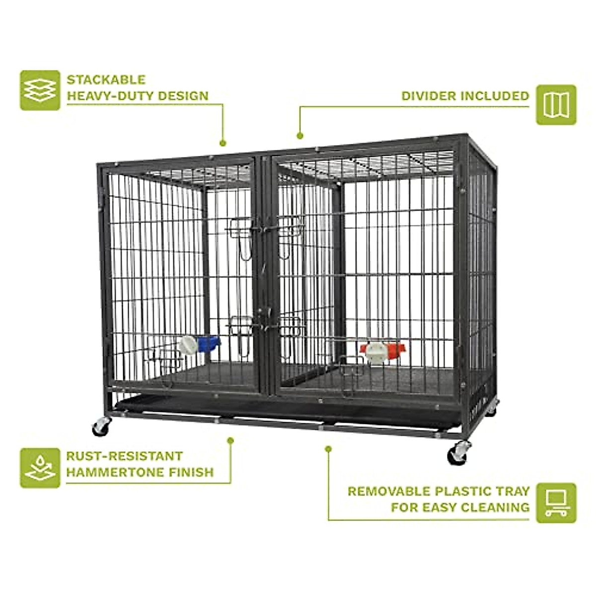 Go Pet Club 44" Heavy Duty Stackable Cat Dog Pet Metal Crate Kennels Outdoor and Indoor with Divider and Water Bowls, Large