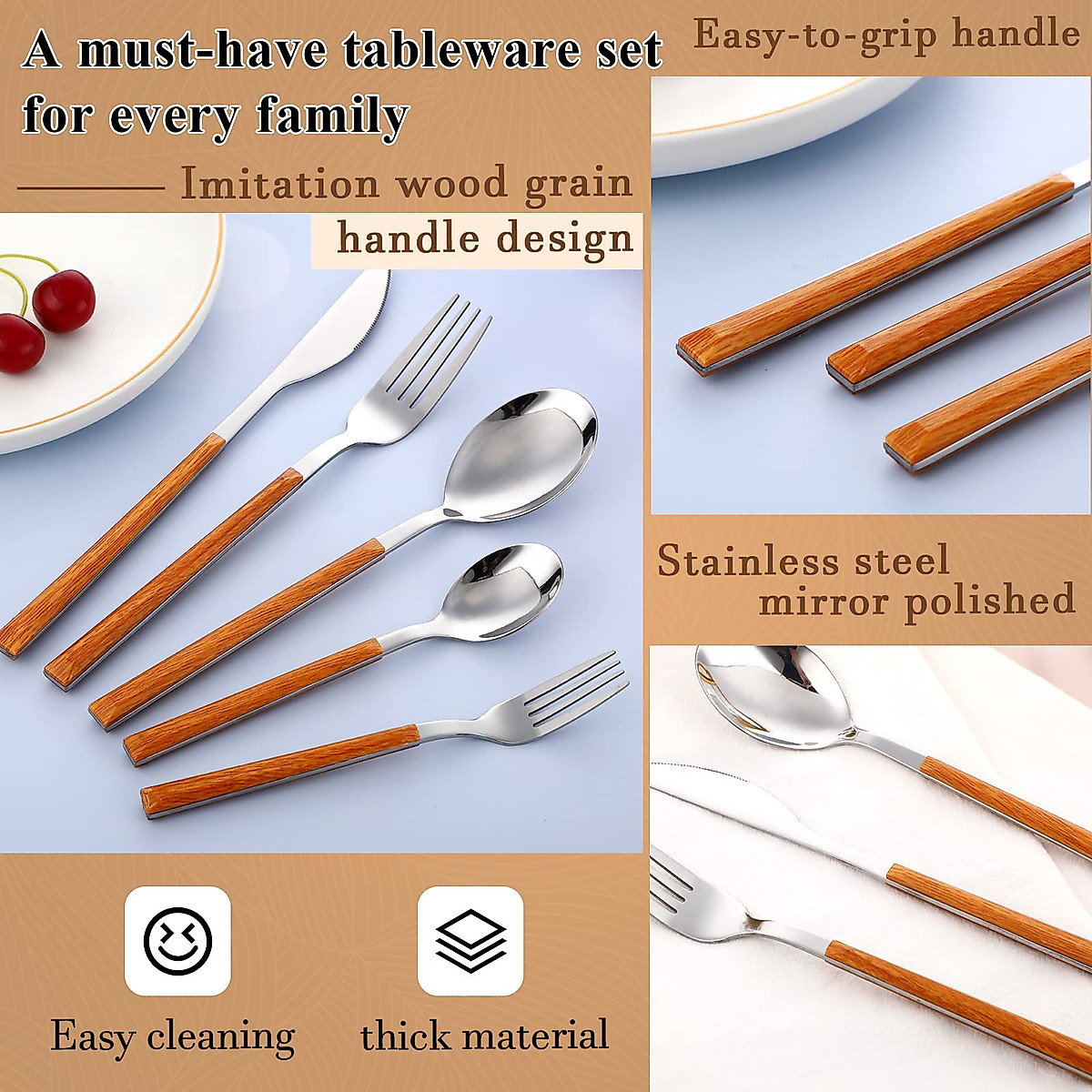 Wood Handle Silverware Set, Stainless Steel Cutlery Set with Imitation Wood Grain Handle Silver Mirror Polished Dishwasher Safe for Household Kitchen Utensils Restaurant Hotel Party (40)