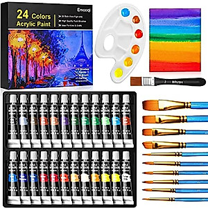 Emooqi Acrylic Paint Set, 24 Rich Paint Colors, with 11 Art Brushes, Paint Palette & Painting Canvas - Quick Dry Paints for Hobby Painters & Kids, Great for Canvas Wood Rock Ceramic Painting.