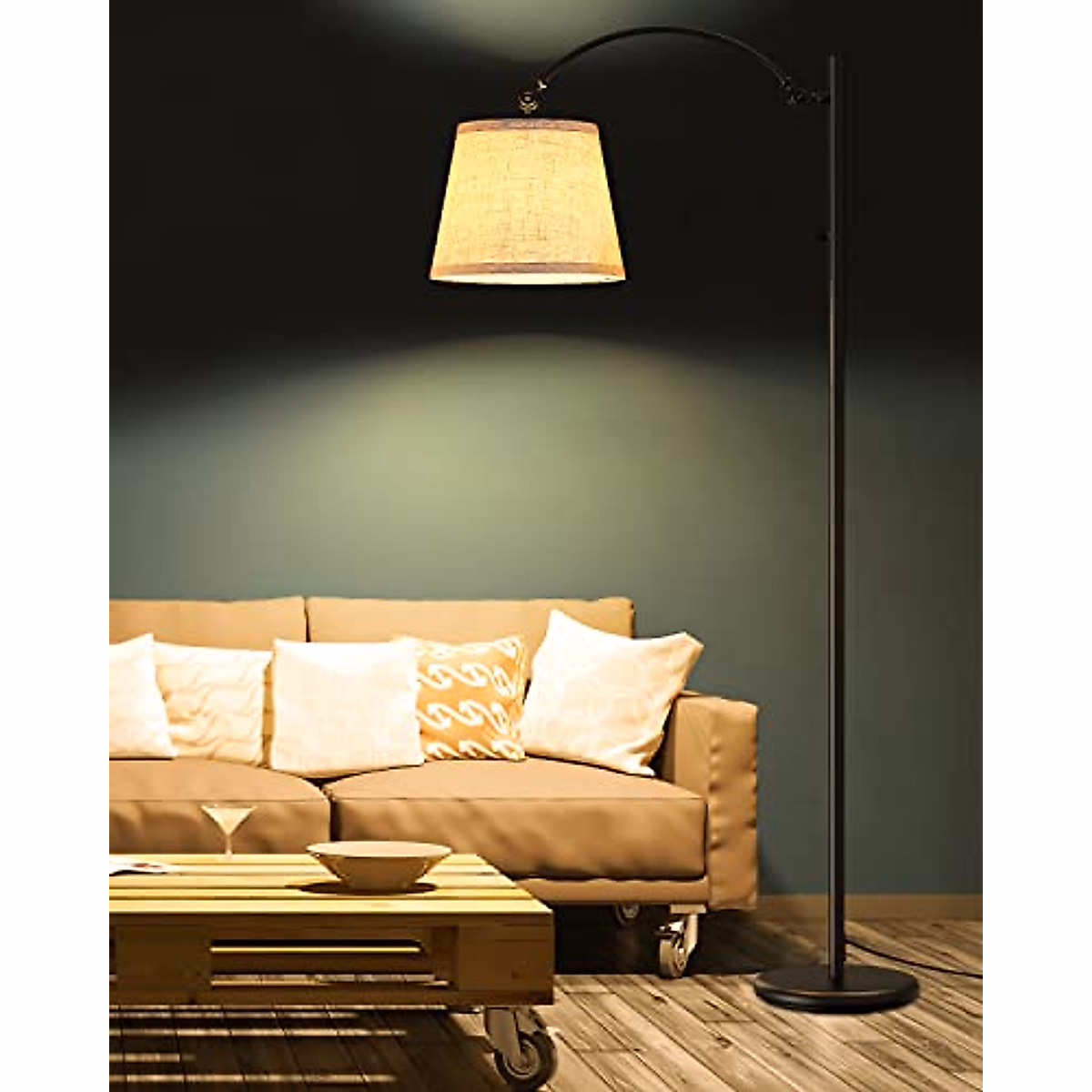 Floor Lamp for Living Room，Modern Lamp with Rotary Switch, Adjustable Tall Standing Reading Lamp with Hanging Linen Shade for Bedroom, Office, Black（3 Color Temperatures Bulb Included ）