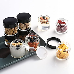 2 oz Glass Jars with Lids, Bumobum 3 pack Clear Small Jar with Black Lids, Blank Labels & Inner Liners, 60 ml Empty Round Cosmetic Containers for Sample, Powder, Cream, Lotion, Spice