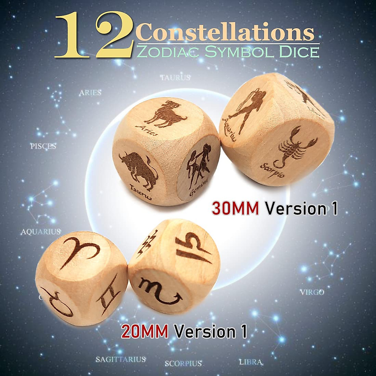 Hometu 2 Pairs/Set Zodiac Constellation Dice Set - 2Pcs 20MM + 2Pcs 30MM Engraved Wooden Astrological Dices for Divination Accessory (V1(20MM)+V1(30MM)), Wood