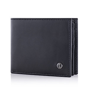 TRUSADOR Savona Full Grain Leather Mens Bifold Wallet RFID Blocking Slim Minimalist Front Pocket with ID Window Gift Box (Black)