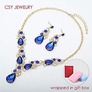 CSY Luxury Austrian Crystal Necklace Earrings Rhinestone Bridal Wedding Party Costume Jewelry Sets for Brides Bridesmaids Women (Royal Blue-Gold Tone)