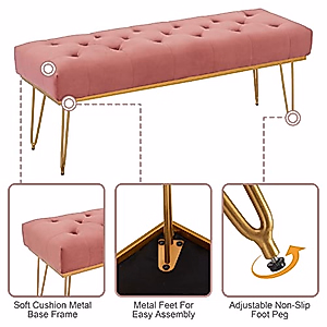 Kingfun Velvet Bedroom Bench with Gold Base&Metal Legs, Tufted Upholstered End of Bed Bench, Indoor Benches for Entryway Dining Living Room Window, Accent Ottoman Bench long Seat Foot Rest Stool(Pink)