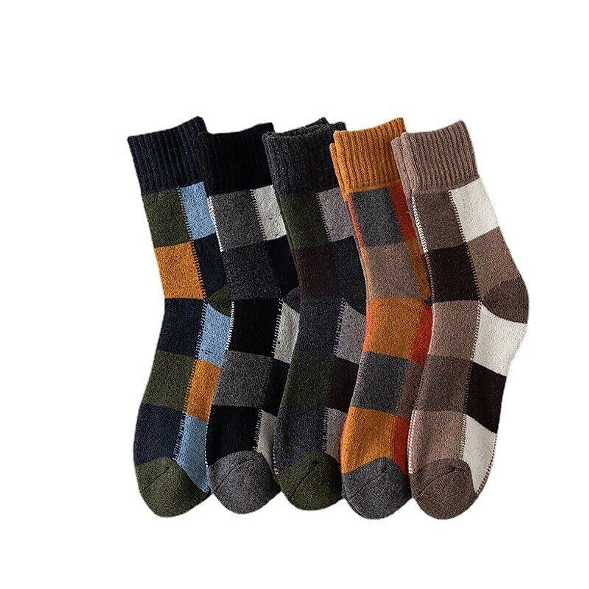 5 Pairs Men's Winter Wool Socks Warm Thick Thermal Socks for Men Nordic Hiking Warm Soft Stripe Splicing Retro Socks Men Size 7-11