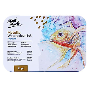 Mont Marte Premium Metallic Watercolor Cake Set, 21 Piece, 18 Colors, 1 Water Brush, 1 Sponge, 4 Mixing Wells