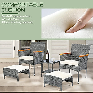 YEEFY Outdoor Patio Furniture Set with Table & Ottoman 5 Piece Patio Conversation Sets Wicker Patio Set for 2 Outdoor Furniture Sets for Yard Backyard Lawn Porch Poolside Balcony, Grey