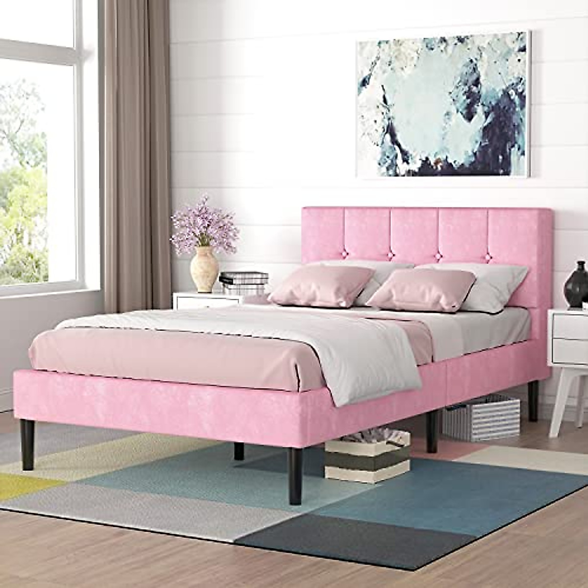 Twin Size Fabric Upholstered Platform Bed Frame with Button Tufted Stitched Headboard, Mattress Foundation with Metal Wood Slat Support, No Box Spring Needed, Noise Free Design, Easy Assembly, Pink