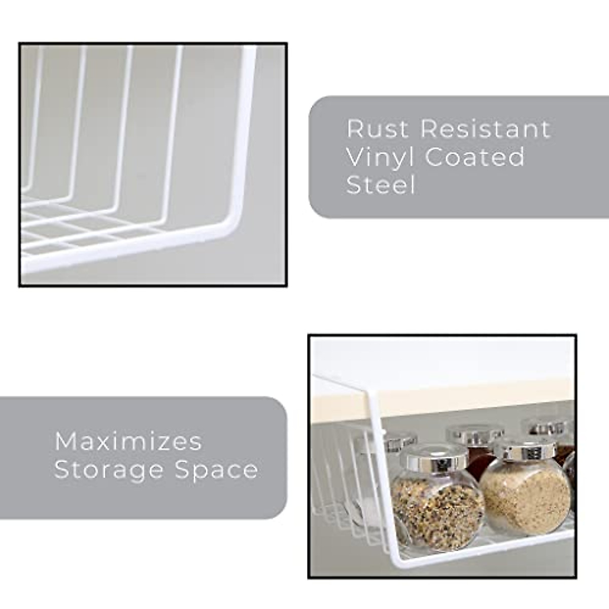 Smart Design Undershelf Storage Basket - Medium - Snug Fit Arms - Steel Metal Wire - Rust Resistant Finish - Cabinet, Pantry, Shelf Organization - Kitchen (16 x 5.5 Inch) [White]