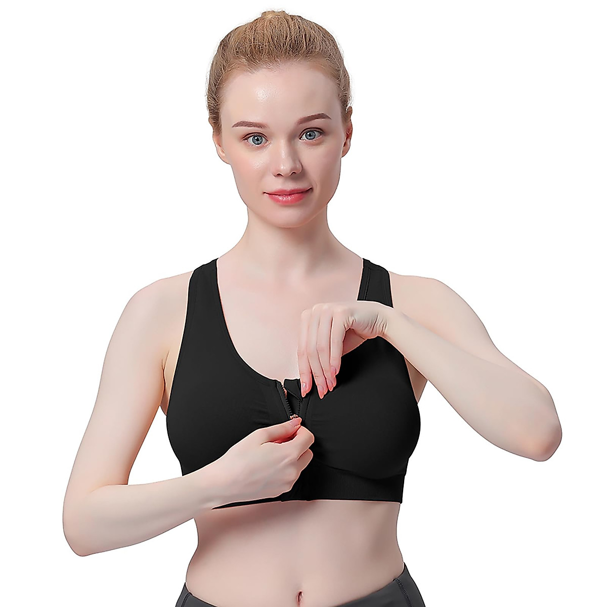 3 Pack Racerback Sports Bras for Women - Women's Zip Front Sports Bra Wireless Post-Surgery Bra Active Yoga Sports Bras (XL:Fit 34D,36C,36D,38A,38B,40A, 3 Pack(Black+Flesh+White))