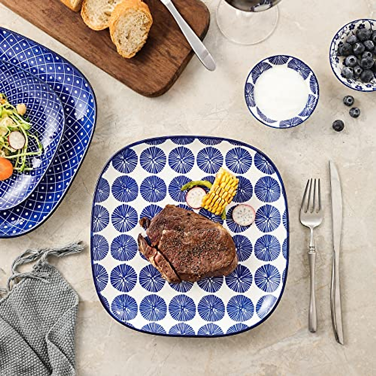 Selamica Porcelain Square Dessert Salad Pasta Plates 7.6 inches ceramic plates set of 6 microwave/dishwasher/oven safe, Vintage Blue