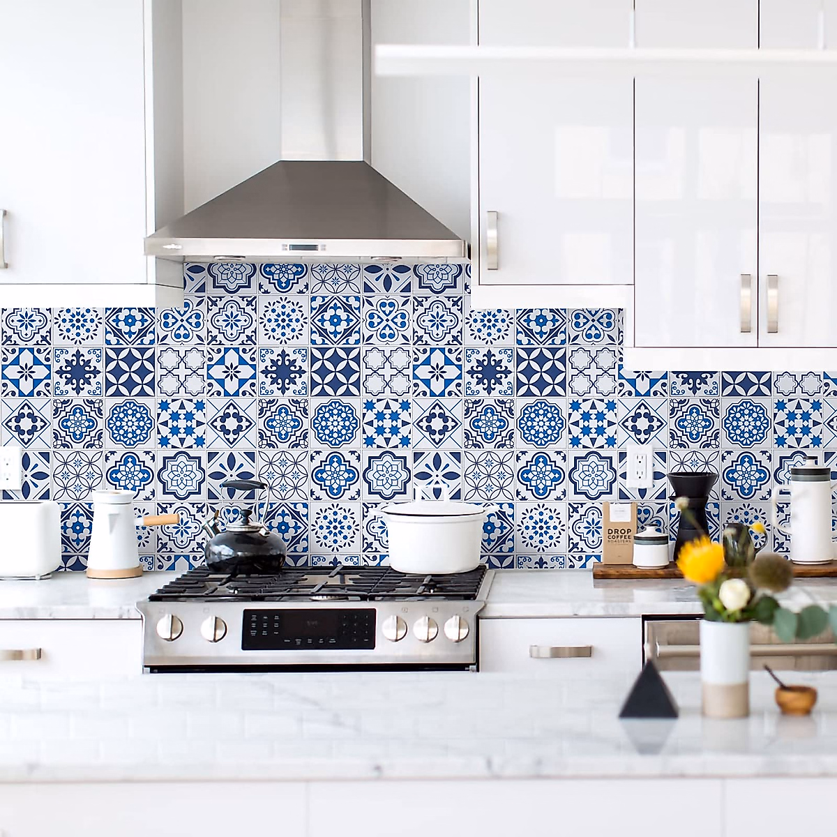 197"x 17.7"Blue Pattern Contact Paper Glossy Surface Waterproof Contact Paper Decorative Self Adhesive for Kitchen Bathroom Counters Removable Counter Paper Peel and Stick Wallpaper Easy to Clean