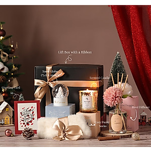 Christmas Gifts for Women Mom and Best Friends,Birthdays Gift Baskets for Women,Includes Scented Candle Reed Diffuser Fuzzy Socks Snow Globe Decor Flowers & More