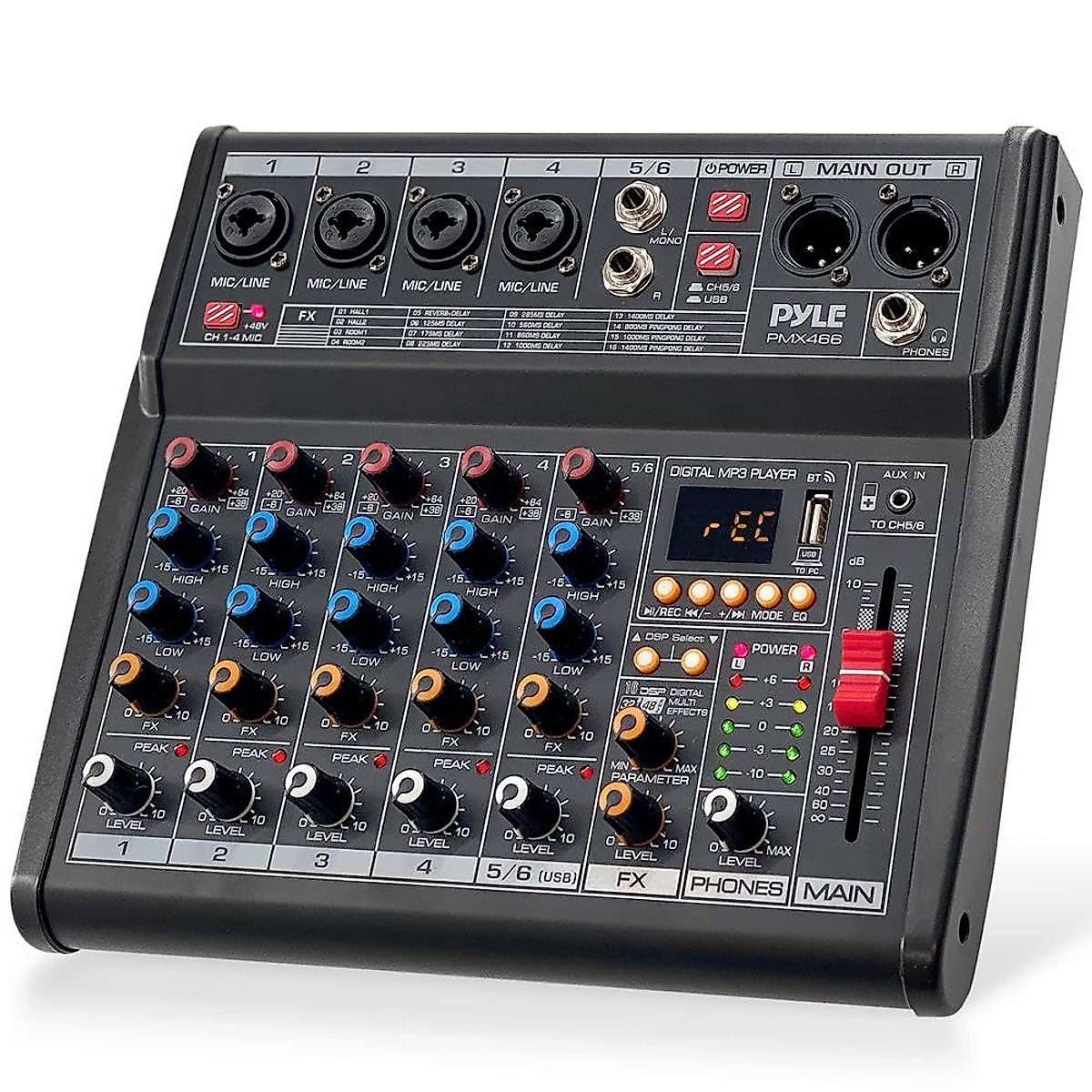 Pyle Professional Bluetooth DJ Audio Mixer - 6-Channel DJ Controller Sound Mixer w/DSP 16 Preset Effects, USB Interface, 4 XLR Mic/Line Input, AUX, FX Processor MP3 Player, Headphone Jack - PMX466