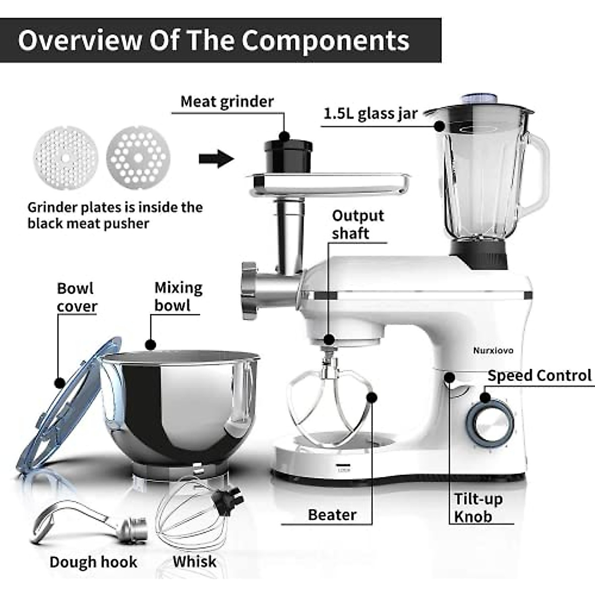 Nurxiovo Kitchen Stand Mixer, Multifunctional 3 in 1 Food Mixer Tilt-Head 850W Dough Machine with 6-1/2 Qt Stainless Steel Bowl, Hook, Whisk, Beater, Meat Blender and Juicer, White