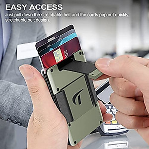 umoven Minimalist Wallet For Men - Aluminum Slim Stretchable Belt Draw-Out Metal Wallet with 1 Clear window ID Badge Holder, Holds up 15 Cards with Cash Strap. (Green)