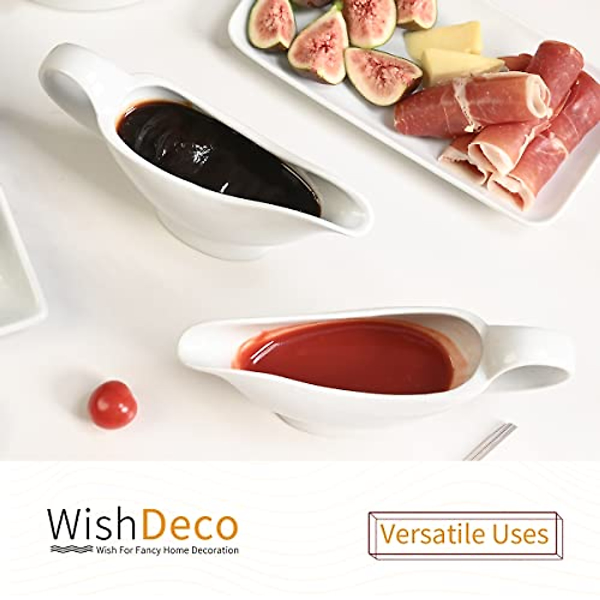 WishDeco White Gravy Boat, 8oz Ceramic Gravy Jug, Small Sauce Jug with Smooth Handle, Porcelain Sauce Boat for Salad Dressing, Broth, Cream, Milk