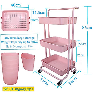 Piowio 3 Tier Utility Storage Cart Rolling Cart Organizer Shelf with 6PCS Hanging Cups for Home Kitchen Office Storage (Pink)