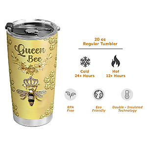 20oz Printed Jewelry Crystal Queen Bee Tumbler, Gifts for Bee Lovers, Coffee Thermos for Women, Stainless Steel Double Wall Vacuum Insulated Coffee Mug, Travel Cup with Lid