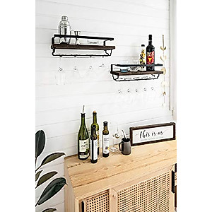 Mkono Wall Mounted Wine Rack Set of 2 Wood Rustic Wine Bottle Glass Floating Shelves with Stemware Hanger Modern Plants Photos Wine Display Storage Holder for Kitchen Dining Room Bar, 17 Inch