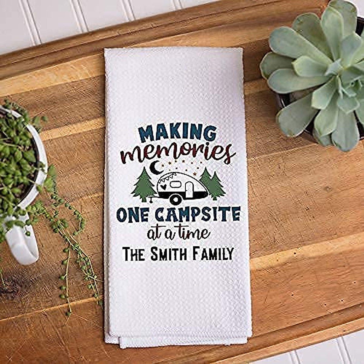 CANARY ROAD Personalized Making Memories One Campsite At A Time Waffle Weave Dish Towel | Personalized Kitchen Towel | Travel Trailer Gift | Camper Accessories | Personalized Dish Towel | Camper Decor