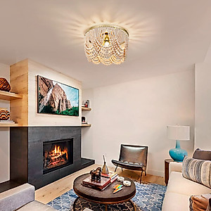 3-Light Boho Wood Beaded Chandelier Light Fixture, Gold and Oak Finish Semi Flush Mount Ceiling Light for Nursery Room, Girl Room, Kids Room, Bedroom, Hallway, Entryway, Passway