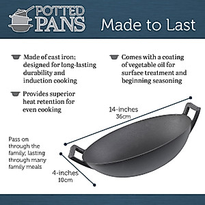 Cast Iron Wok with Handle - Seasoned 14 Inch Flat Bottom Wok for Deep Frying Pan with Flat Base for Stir-Fry, Grilling, Frying, Steaming - For Authentic Asian, Chinese Food