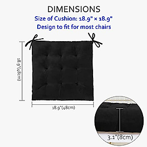 ELFJOY Set of 4 Square Chair Pads Indoor Seat Cushions Pillows with Ties Thick Soft Seat Cushion for Kitchen Dining Office Chair (18", Black)