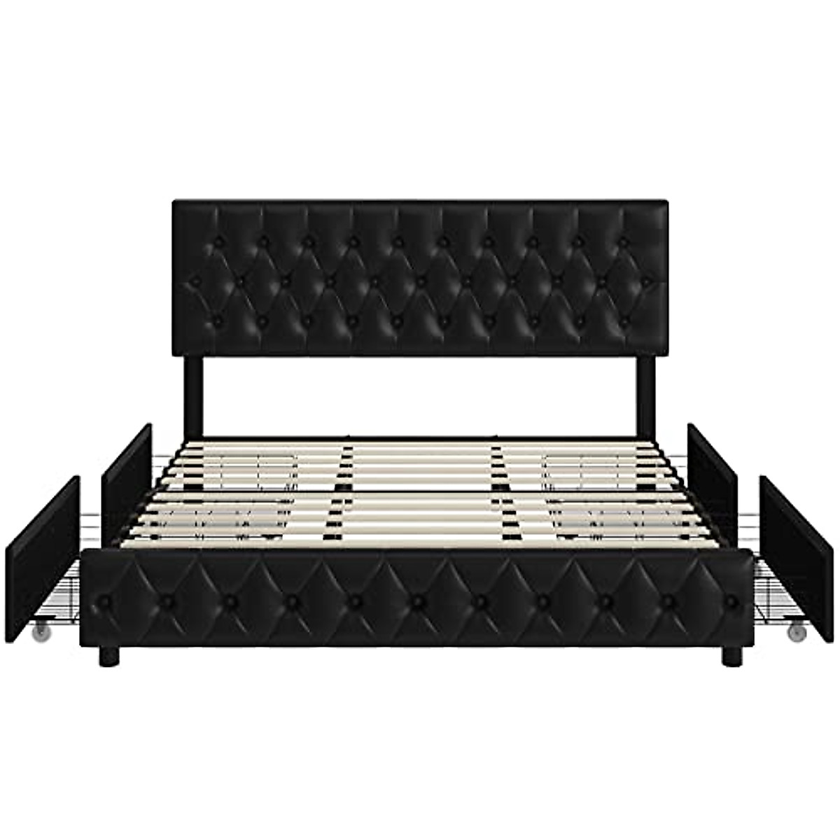 Keyluv Modern Upholstered Bed Frame with 4 Drawers, Faux Leather Platform Bed with Button Tufted Headboard, Solid Wooden Slat Support, Easy Assembly, Queen Size, Black