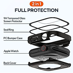 2 Pack 2 in 1 Waterproof Case for Apple Watch Series SE SE2 6 5 4 44mm, Straight Edge PC Front & Back Bumper with Tempered Glass Screen Protector 360 Protective Cover for iWatch (44mm, Black/Black)