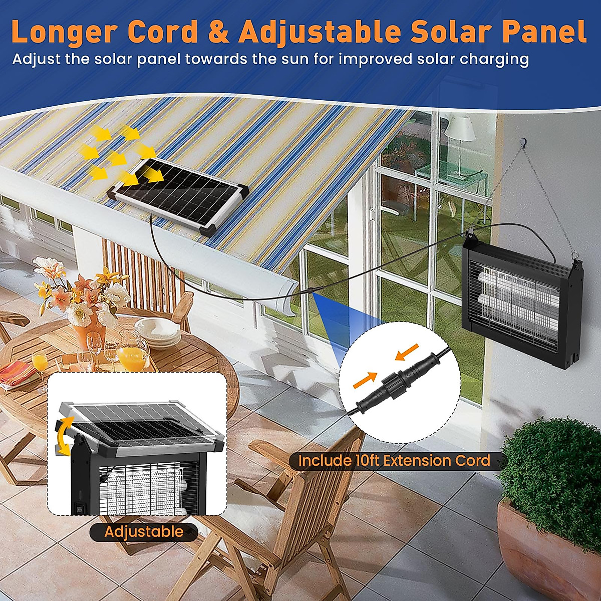 Bug Zapper Outdoor Solar Powered, Zwiran Mosquito Zapper Indoor with 4500V High Powered, Electric Fly Zapper with Extension Cord and Grounding Bracket, Rechargeable Waterproof Mosquito Killer