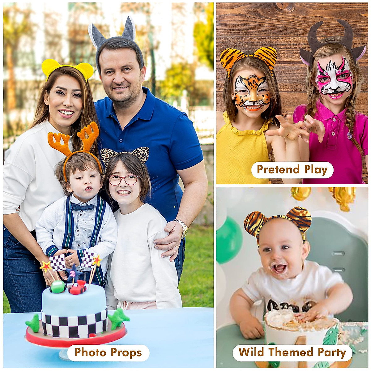 Flying Childhood 16Pcs Jungle Animal Ears Headbands as Safari Party Favors Wild One Birthday Decorations Plush Animal Headpiece for Kids Adults