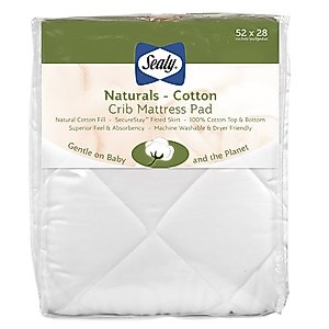 Sealy Baby Naturals Cotton Fitted Ultra Absorbent Infant Crib Mattress Protector Pad and Toddler Bed Cover, Durable and Comfortable Topper, Machine Washable and Dryer Friendly, 52” x 28”- White