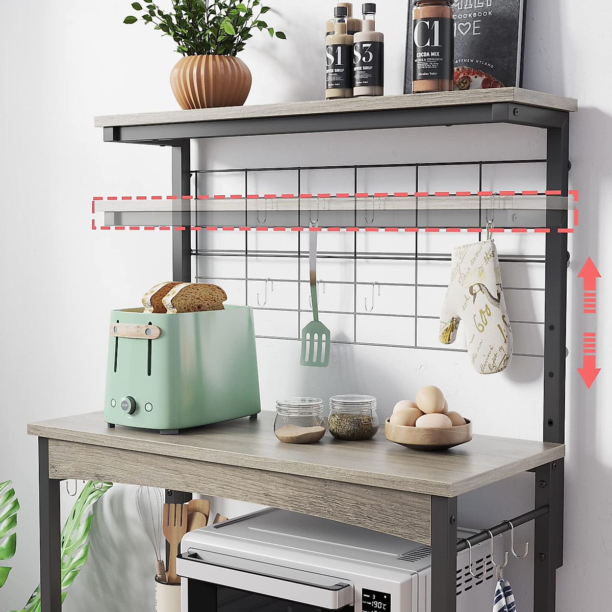 Bestier Microwave Stand with Storage Cabinet, Height-Adjustable Bakers Racks for Kitchen with Wheels & Feet, Industrial Rolling Coffee Bar Shelf with 10 S-Hooks Grey Wash
