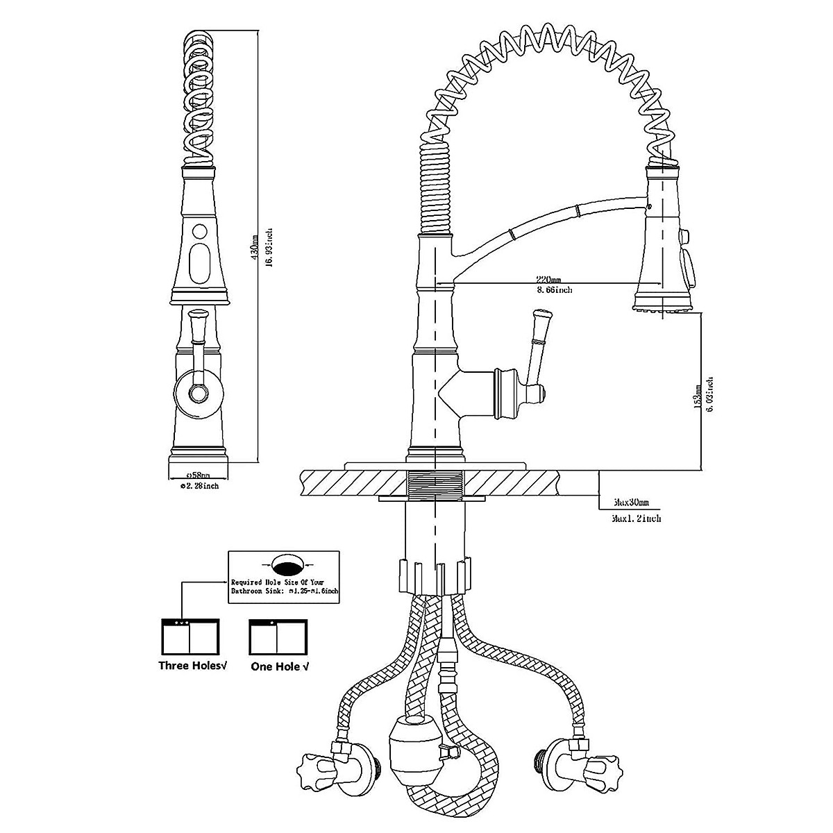 Bathfinesse Kitchen Sink Faucet Brushed Nickel with Pull Down Sprayer 3 Mode Commercial Faucet for Kitchen Sink Solid Brass Single Handle High Arc Pull Out RV Bar,Deck Plate Include