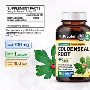 BIO KRAUTER Goldenseal Root Supplement - Goldenseal Capsules 700 mg - Traditional Herbal Supplement - 100 Vegan Capsules