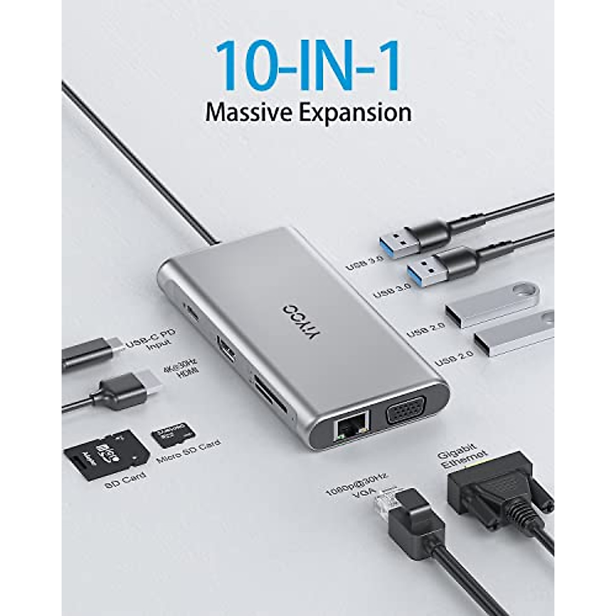 USB C Hub VGA Adapter, YIYOO 10-in-1 Docking Station with Ethernet 1000Mbps, VGA, 4K USB C to HDMI, 2 USB 3.0, 2 USB 2.0, Micro SD/TF Card Reader, USB-C PD 3.0, Compatible for Laptops, Computers