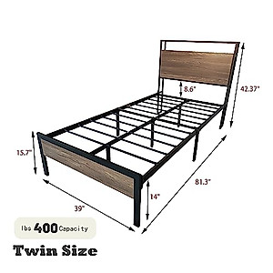 NNV Industrial Twin Size Bed Frame with Headboard Stoarge, Metal Platform Bed Frame with LED Lights and USB Ports, Sturdy and No Noise Easy Installation No Box Spring Needed, Grey