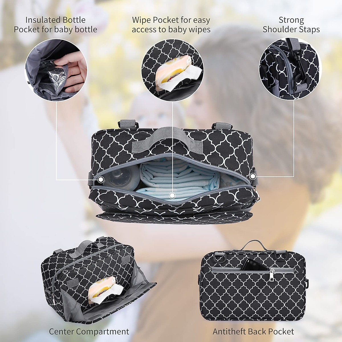 Small Diaper Bag, Mini Stroller Organizer Accessory with Wipe Pockets Caddy Parent Console with Hook Fit All Strollers, Black