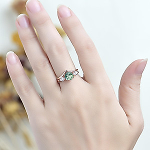 ITI KUOLOLIT Natural Moss Agate Gemstone Genuine 925 Sterling Silver Ring for Women Hexagon Cut Women's Ring Set for Engagement Wedding Jewelry (Moss Agate White, 5)