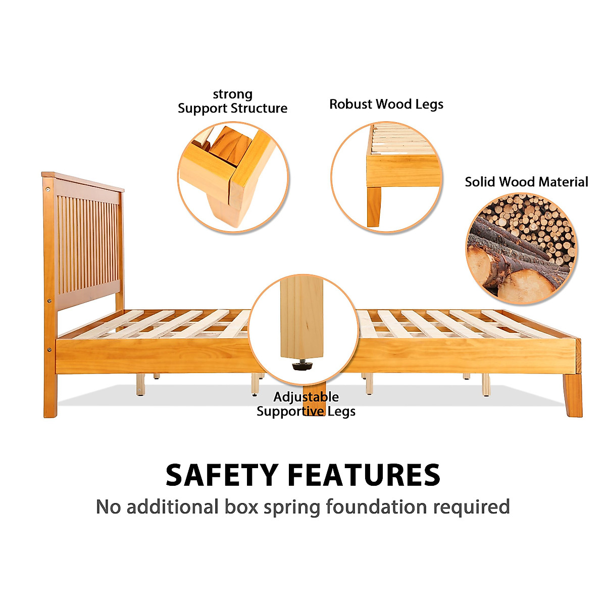 Wood Bed Frame, Wooden Bed Frame with 14 Strong Wooden Slats, King Headboard and Frame with Complete Headboard, Wood Platform Bed, No Box Spring Needed, King Bed Frame Wood with Solid Wood Foundation