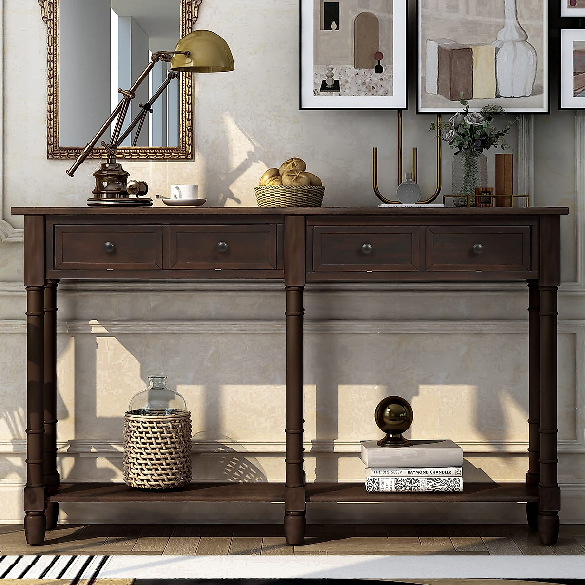 P PURLOVE Wood Slim Console Table with Drawer 58 Inch Long Sofa Table with Bottom Shelf for Living Room Bedroom Hallway Entryway