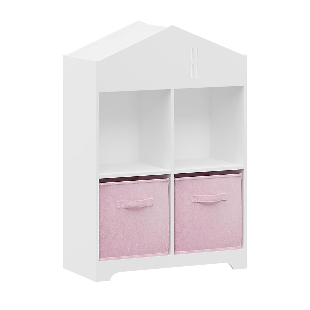 Tzou Kids Dollhouse Bookcase with Storage, Toddler Bookshelf, 2-Tier Storage Display Organizer with 2 Collapsible Fabric Drawers for Boys Girls Bedroom, Playroom House Bookshelf White+Pink