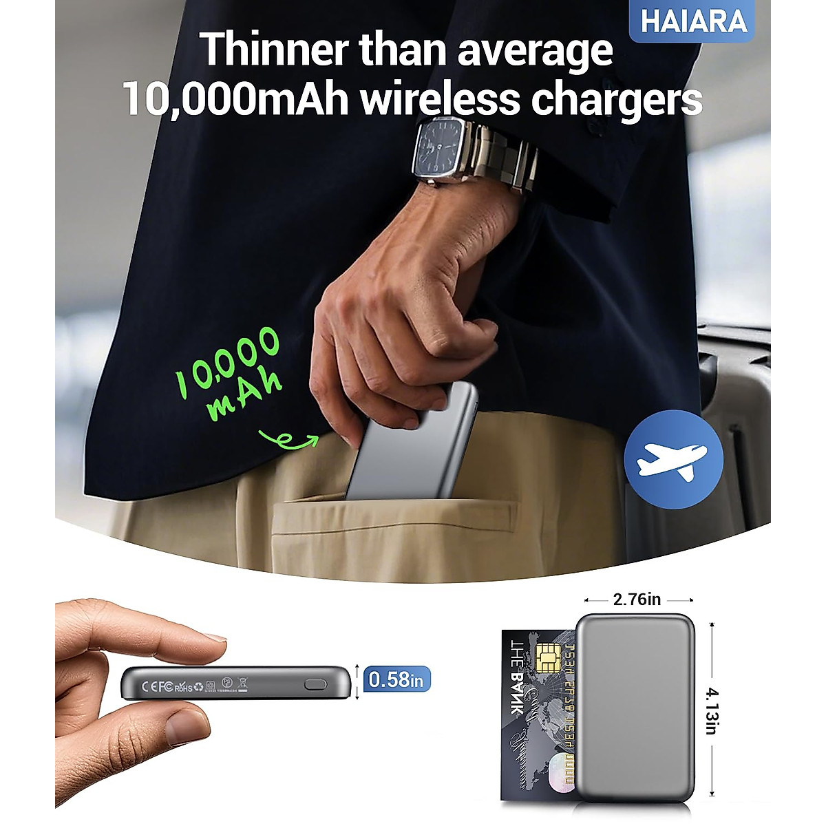 HAIARA for Magsafe Battery Pack, 10000mAh Magnetic Portable Charger with USB C Cable 20W PD Fast Charging, Slim & Lightweight Wireless Power Bank for iPhone 16/15/14/13/12 Series - Sky Grey