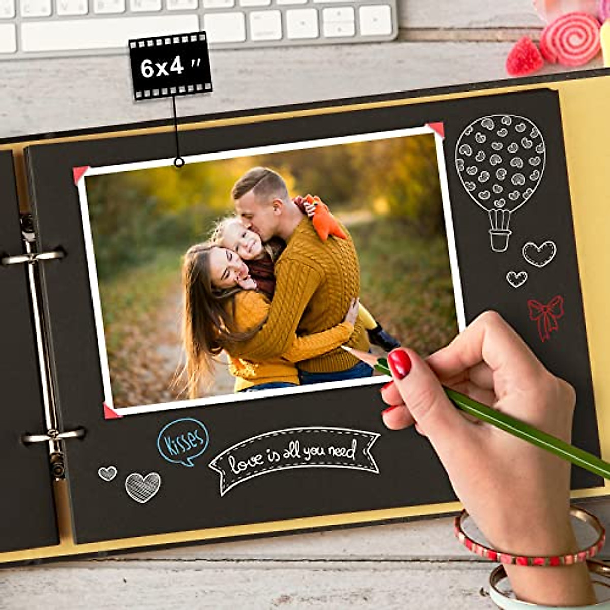 Scrapbook Firbon Handmade DIY Family Photo Albums Couples Memory Book Black Page Scrap Book for Anniversary, Christmas, Valentine's Day, Birthday (Black)