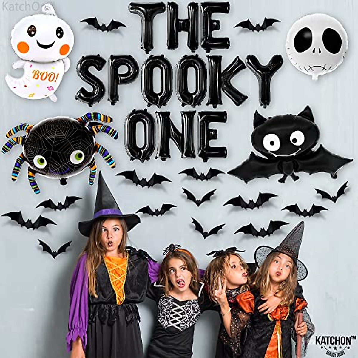 KatchOn, The Spooky One Balloons Set - Large, Pack of 28 | The Spooky One Birthday Decorations Boy | Scary Halloween Foil Balloons with 3D Black Halloween Bat Stickers | Halloween Birthday Decorations